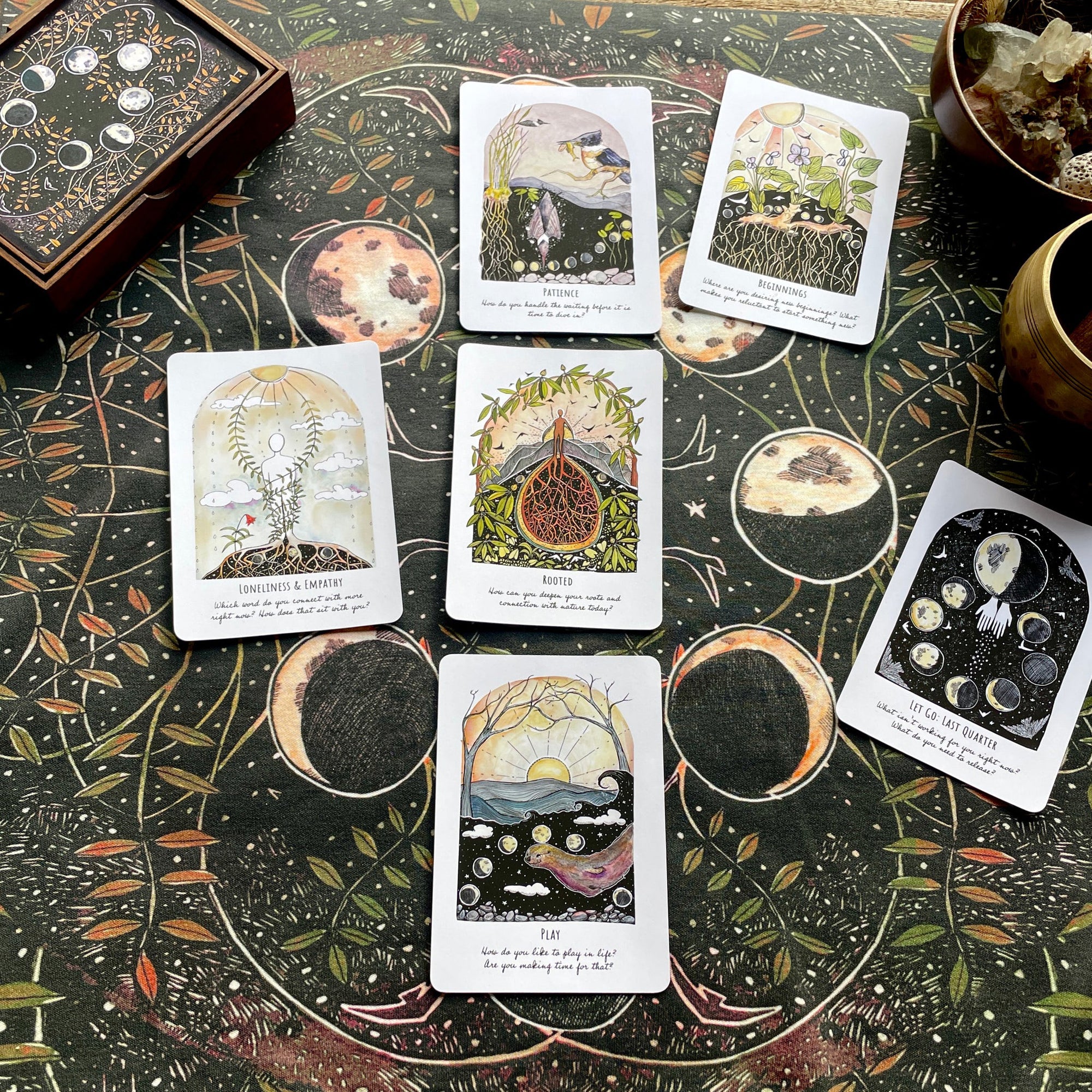 Phases and Forests Moon Cycle Tarot Cloth by Kat Ryalls